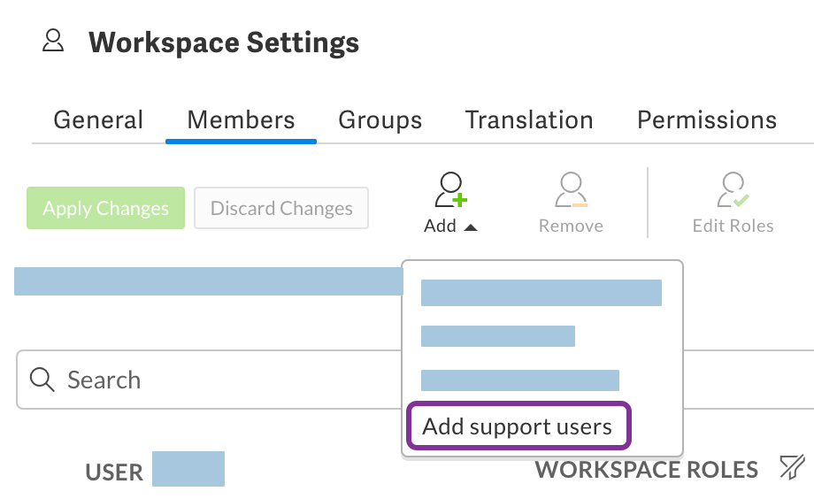 Manage support users in workspaces – Support Center