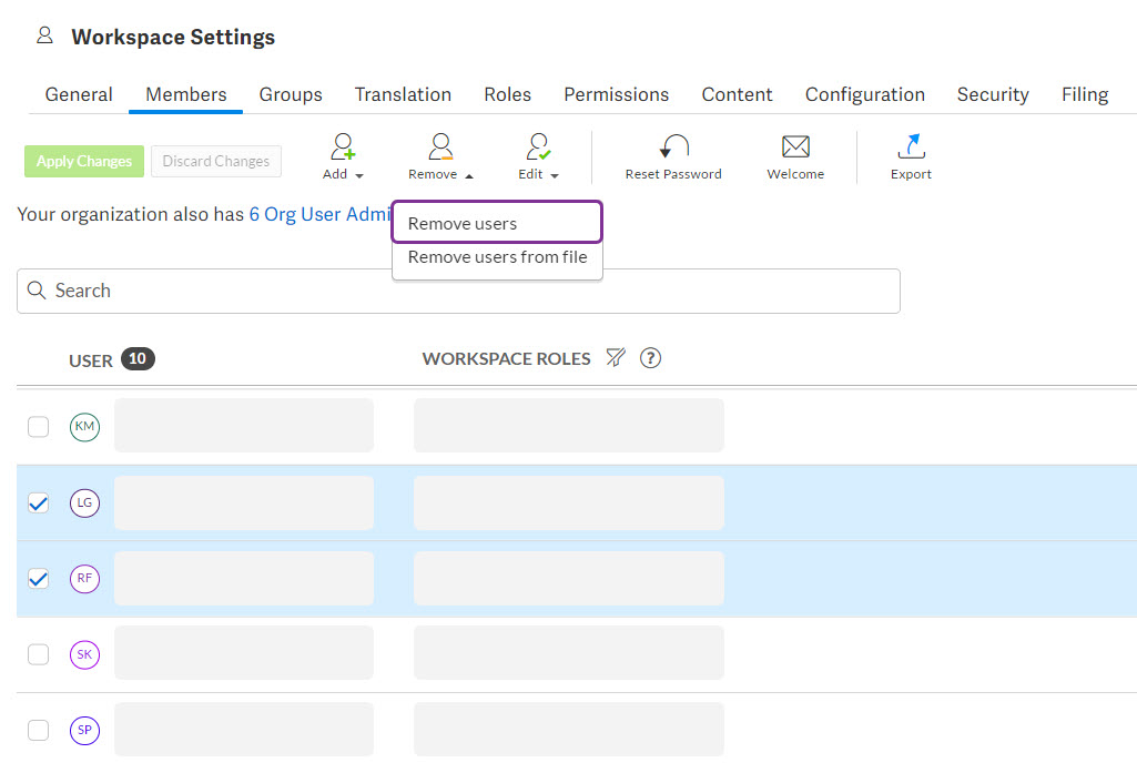 Remove workspace users – Support Center