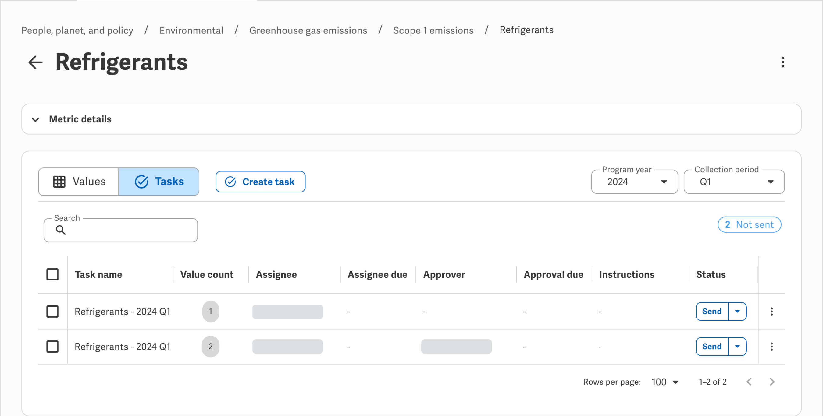 Manage Metric Tasks In Sustainability Program Support Center