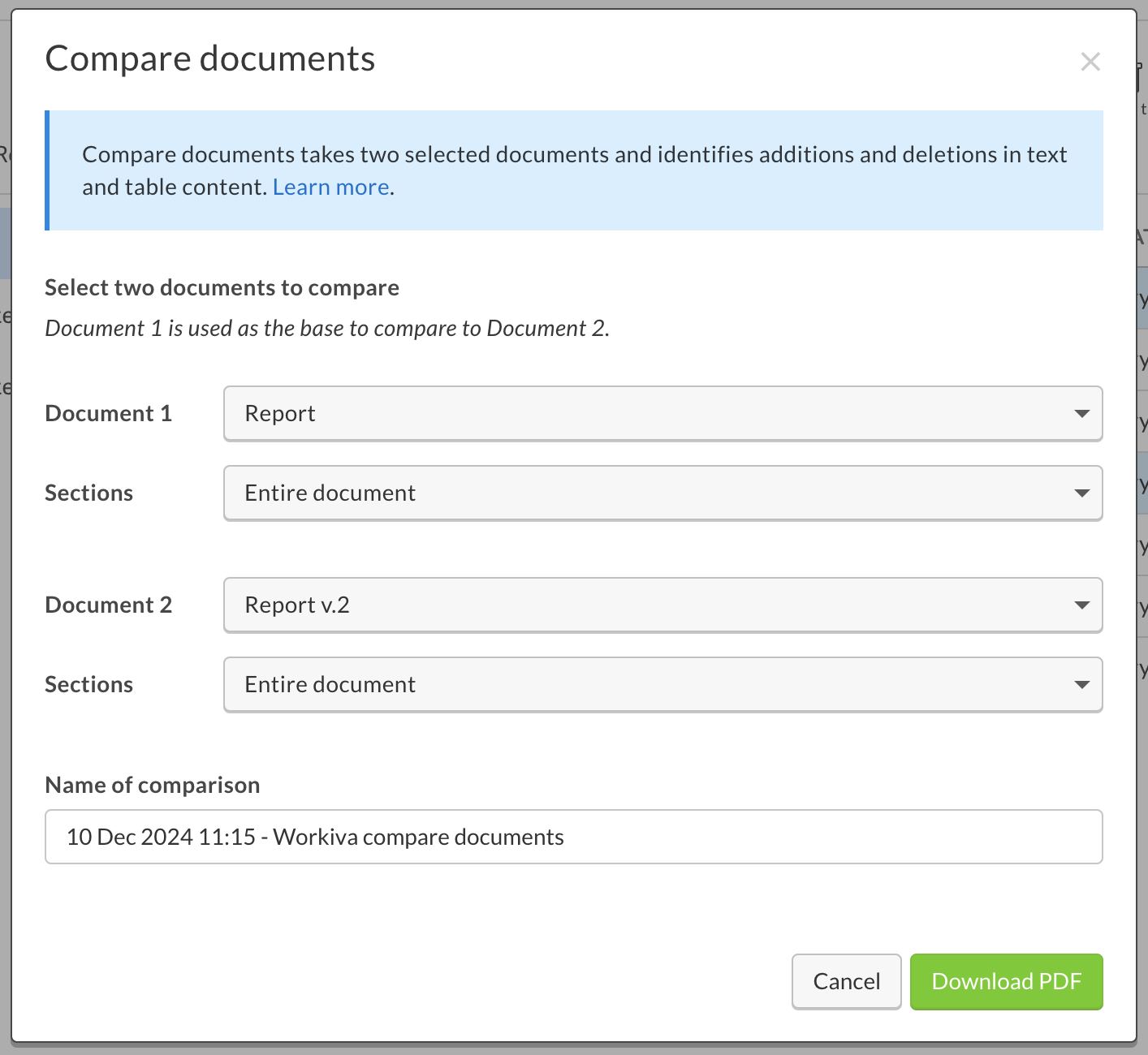 Compare Workiva documents – 支援中心