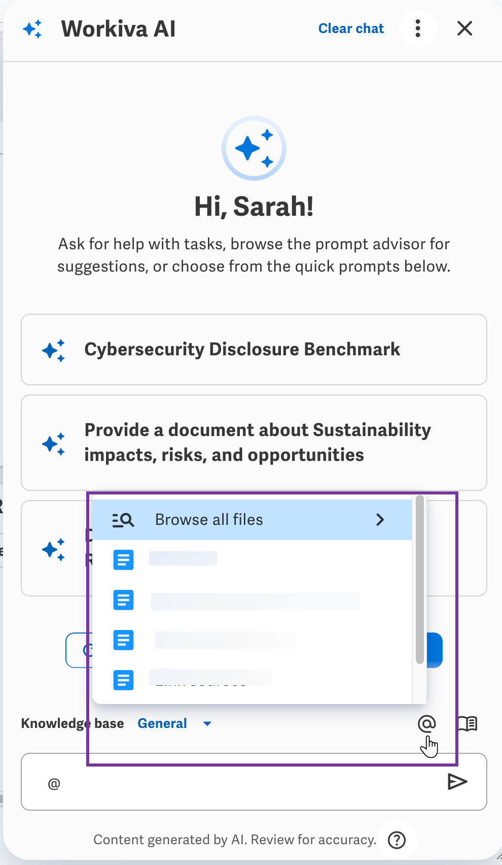 Referansefiler i Workiva Generative AI – Support Center