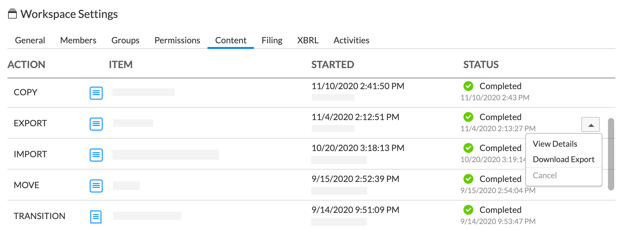 View workspace file and content actions – Support Center