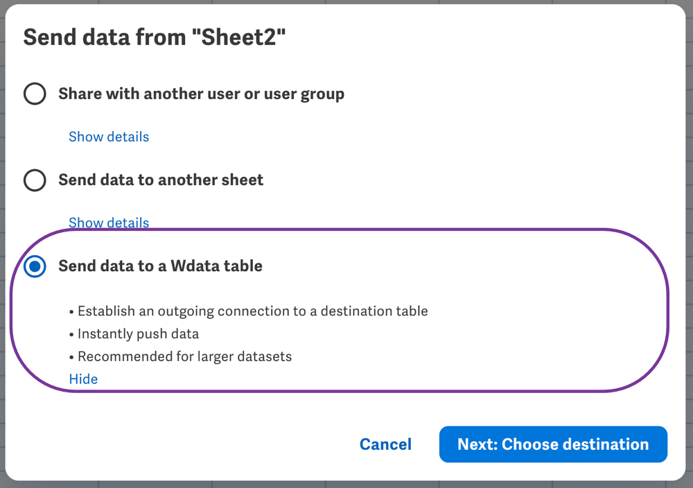 Connect sheets to destination Wdata tables – Support Center