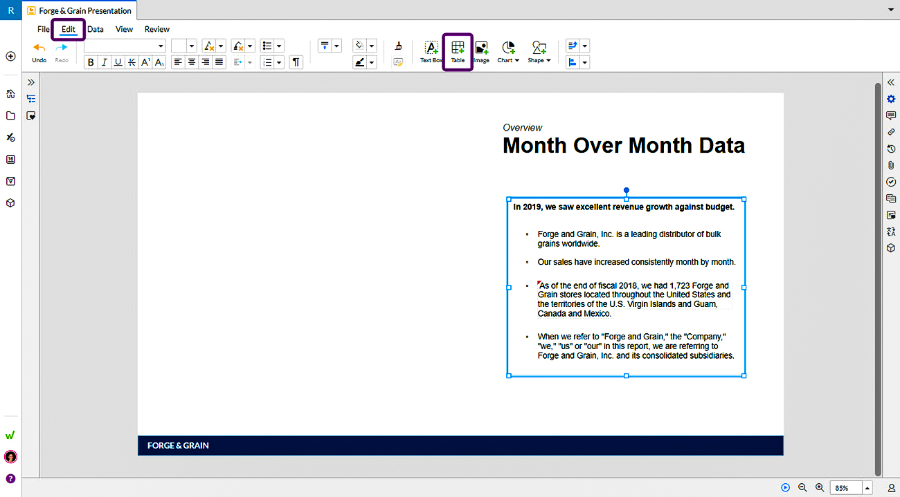 Tables in Presentations – Support Center