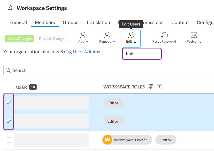 Manage workspace user roles – Support Center