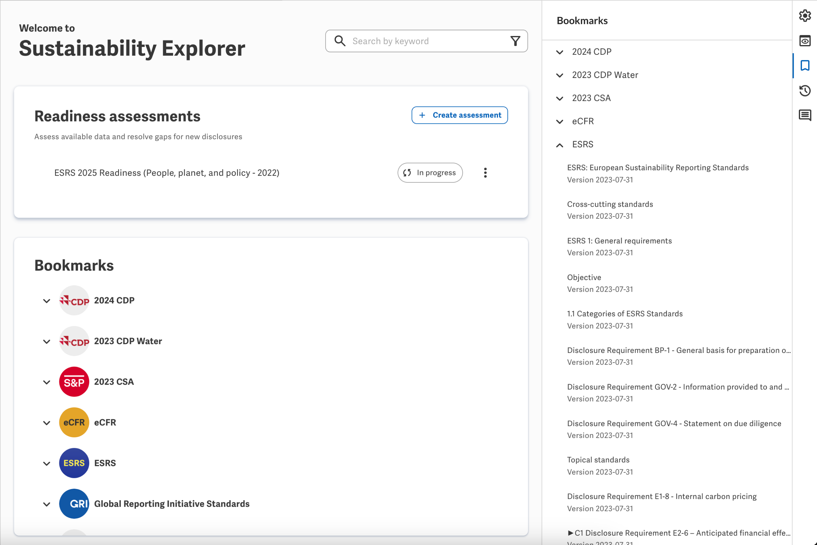 Lesezeichen für Inhalte im Sustainability Explorer – Supportcenter
