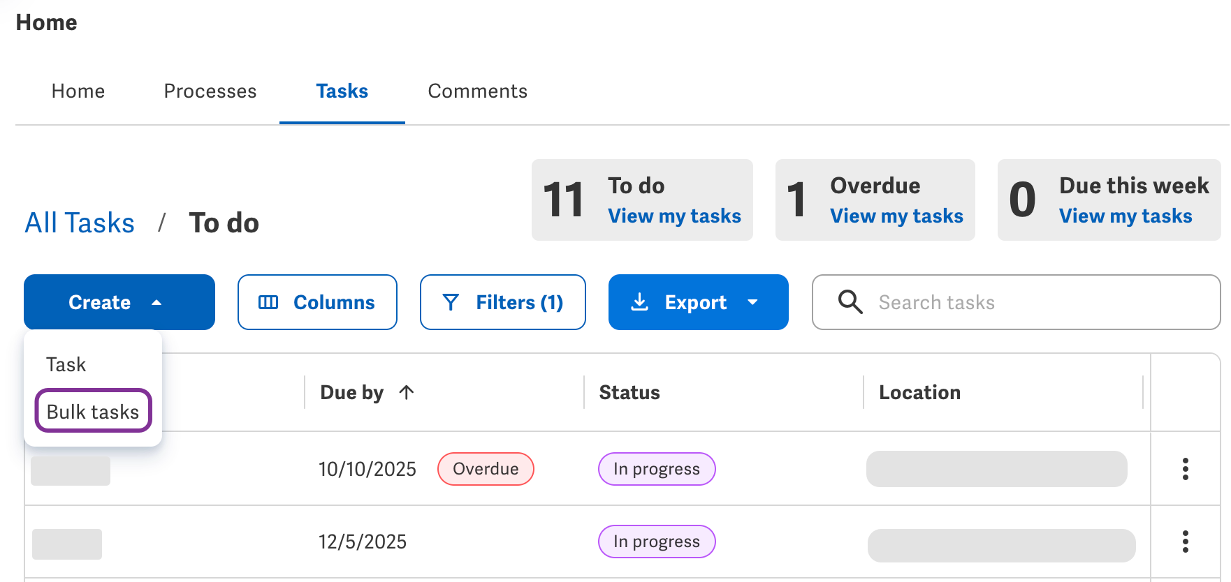 Create a task in bulk – Support Center